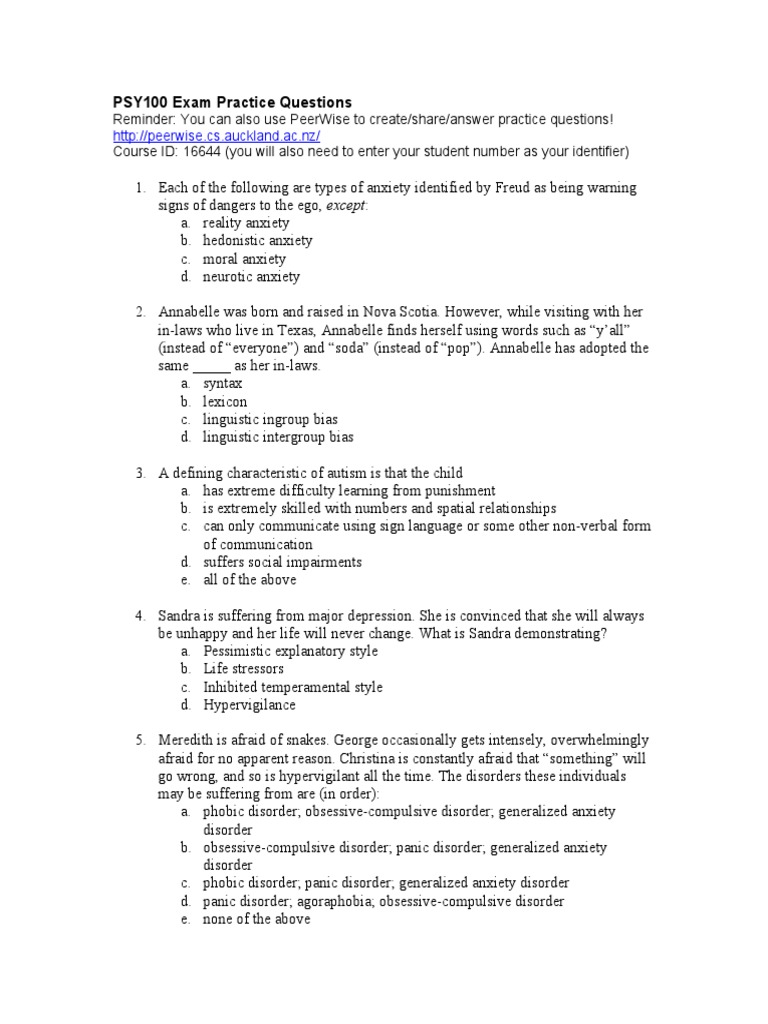PSY100 Exam Practice Questions - Winter 2018 | PDF | Id | Obsessive ...