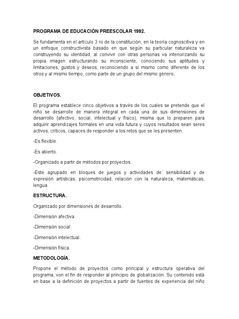 Programa de Educación Preescolar 1992 | PDF