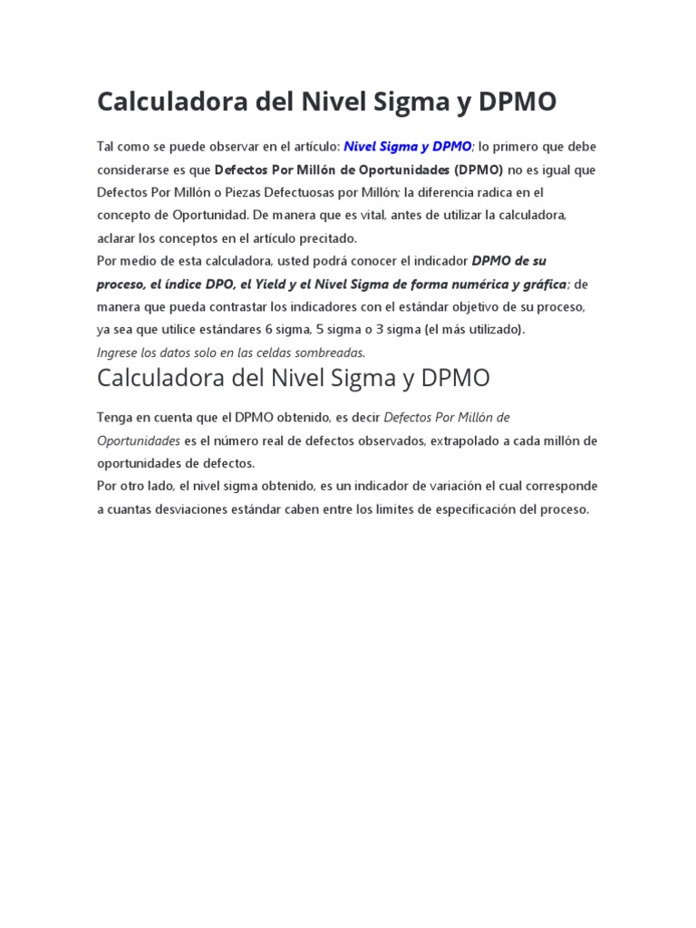 Calculadora Del Nivel Sigma y DPMO | PDF