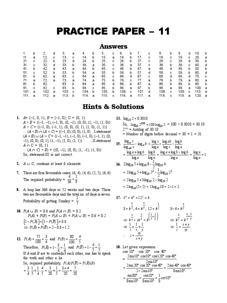 Math Practice Paper Answers and Solutions | PDF | Complex Analysis ...