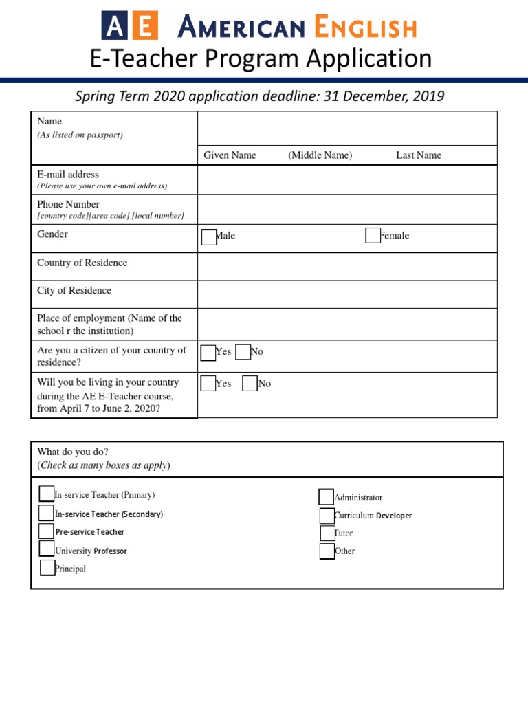 Summer 2020 AE E Teacher Application Form | PDF | Educational ...