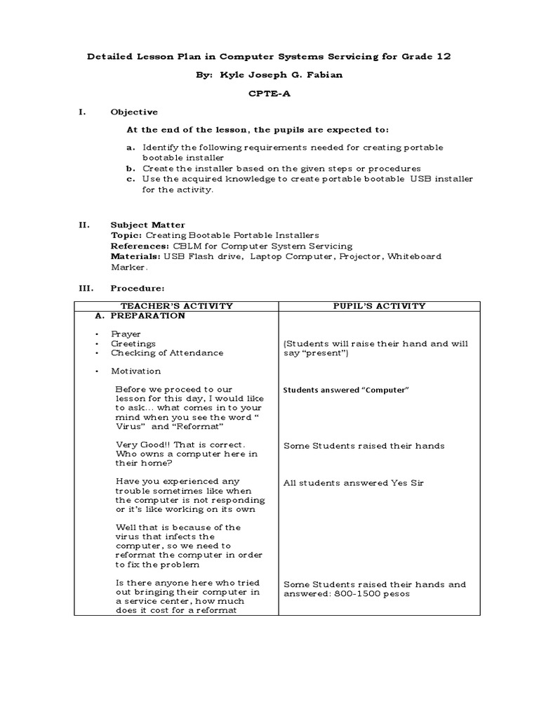 Detailed Lesson Plan in Computer Systems Servicing For Grade 12 - KYLE FABIAN | PDF ...