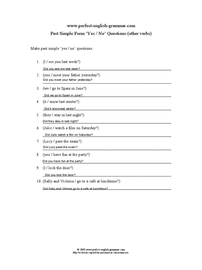 Past Simple Form Yes / No' Questions (Other Verbs) : May Be Freely ...
