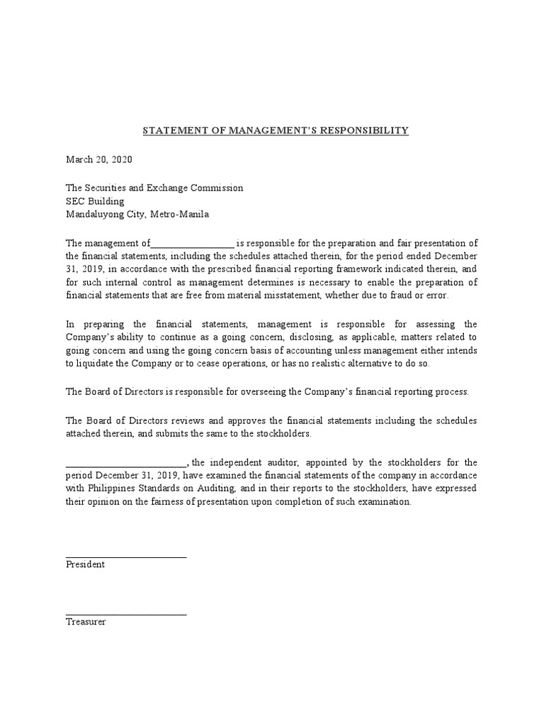 Management's Responsibility for the Preparation and Fair Presentation ...