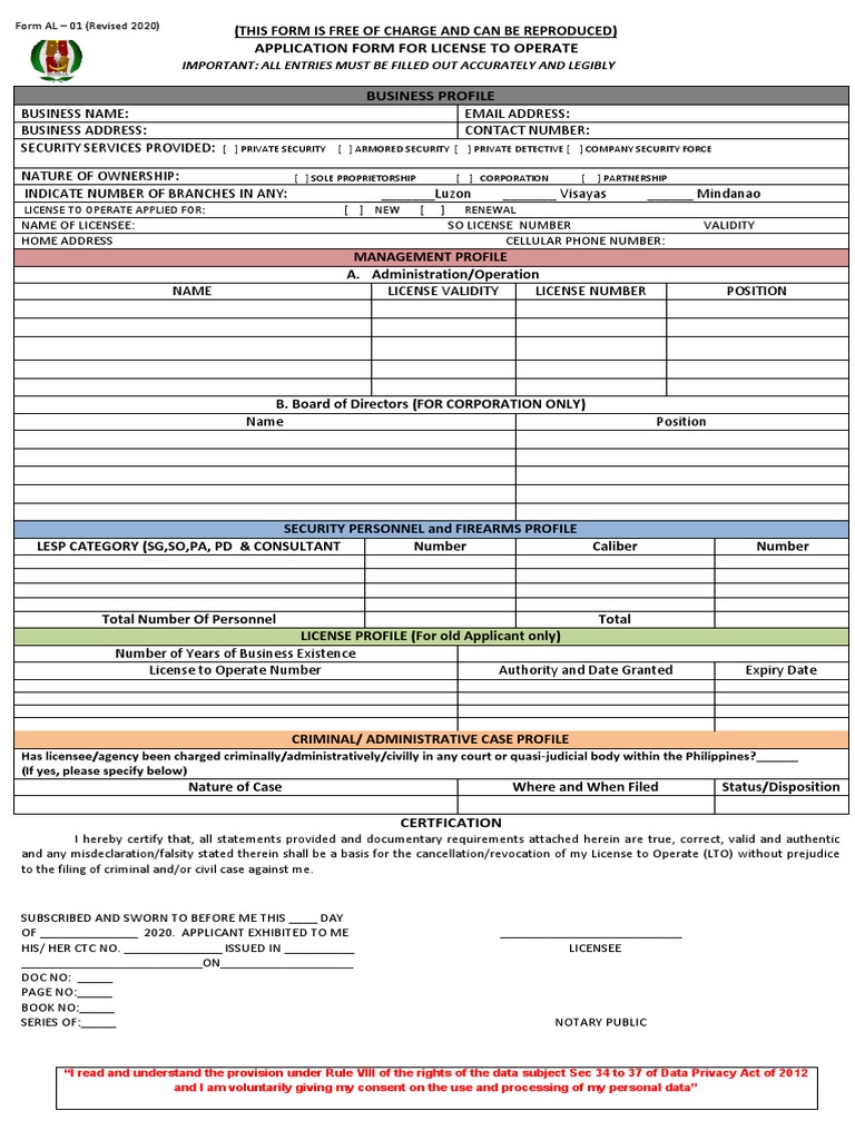 Form AL - 01 license application | PDF | License | Privacy