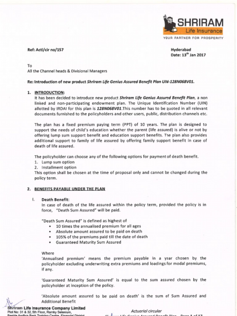 157 - Shriram Life Genius Assured Benefit Plan Circular | PDF