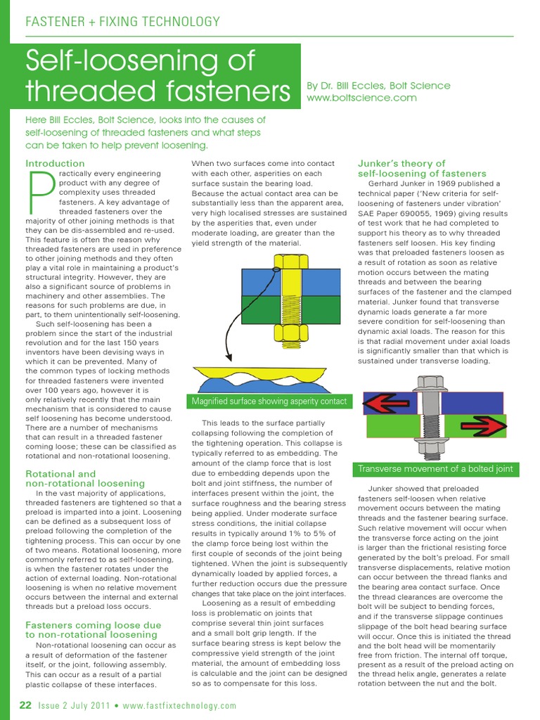 Self-Loosening of Threaded Fasteners: by Dr. Bill Eccles, Bolt Science | PDF | Nut (Hardware ...