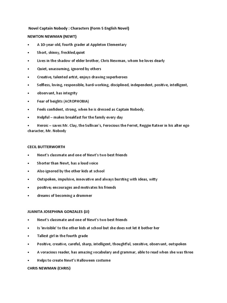 Novel Captain Nobody: Characters (Form 5 English Novel) Newton Newman ...