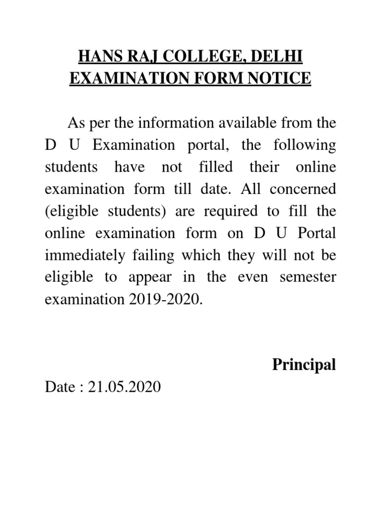 Hans Raj College, Delhi Examination Form Notice | PDF