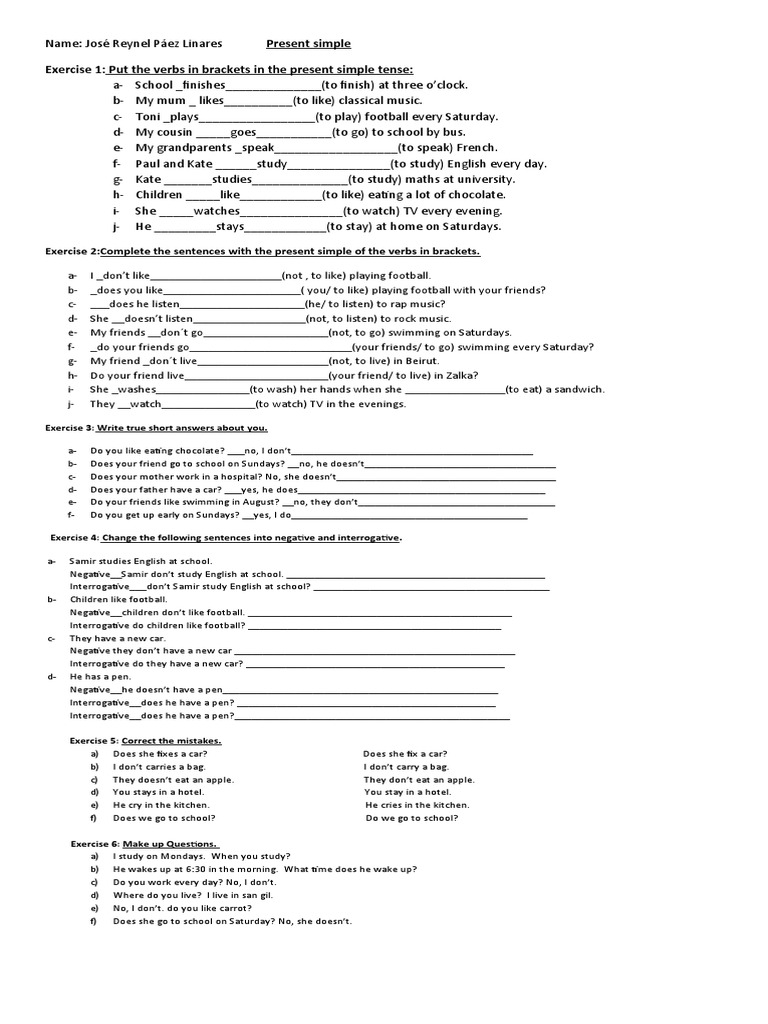 Exercise 1: Put The Verbs in Brackets in The Present Simple Tense | PDF ...