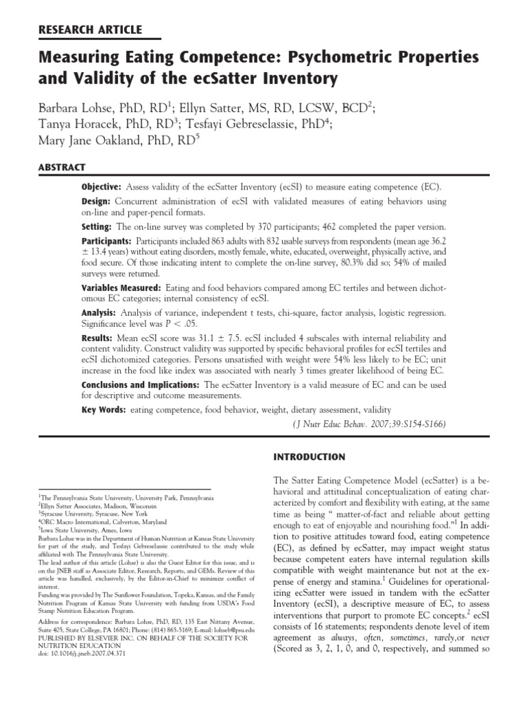 Measuring Eating Competence: Psychometric Properties and Validity of The Ecsatter Inventory ...