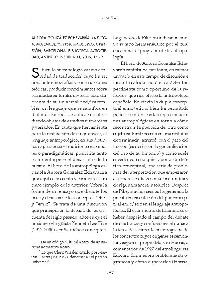 Schaffhauser - Reseña Emic - Etic PDF | PDF | Antropología | Conocimiento