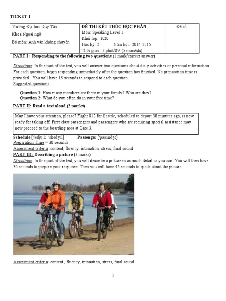 Final Test Sample-Speaking Level 1 and 2 | PDF