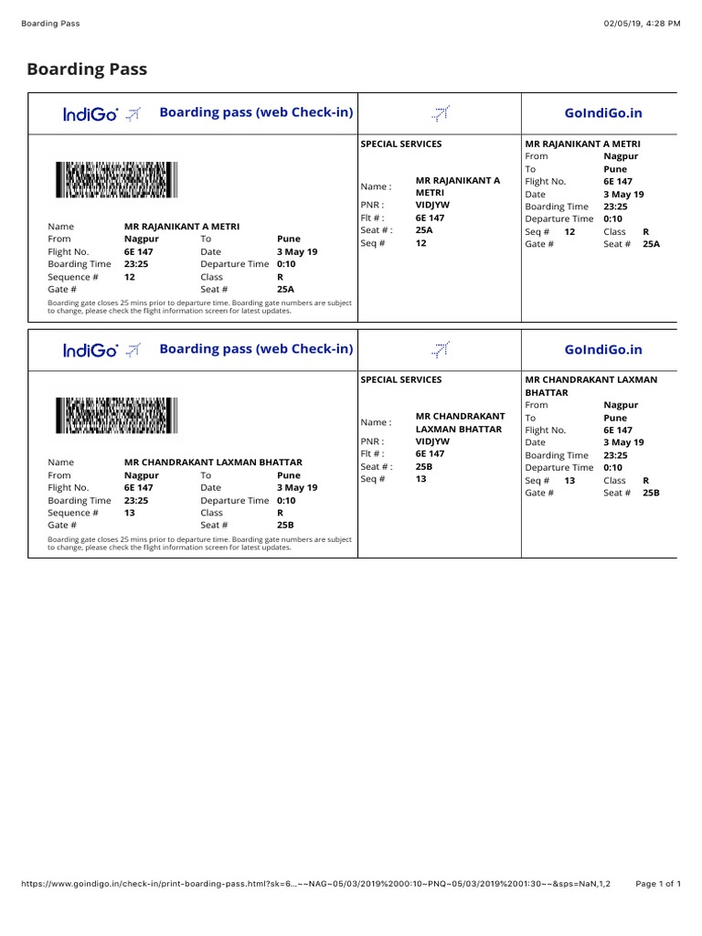 Flight Boarding Passes from Nagpur to Pune on IndiGo Airlines | PDF ...