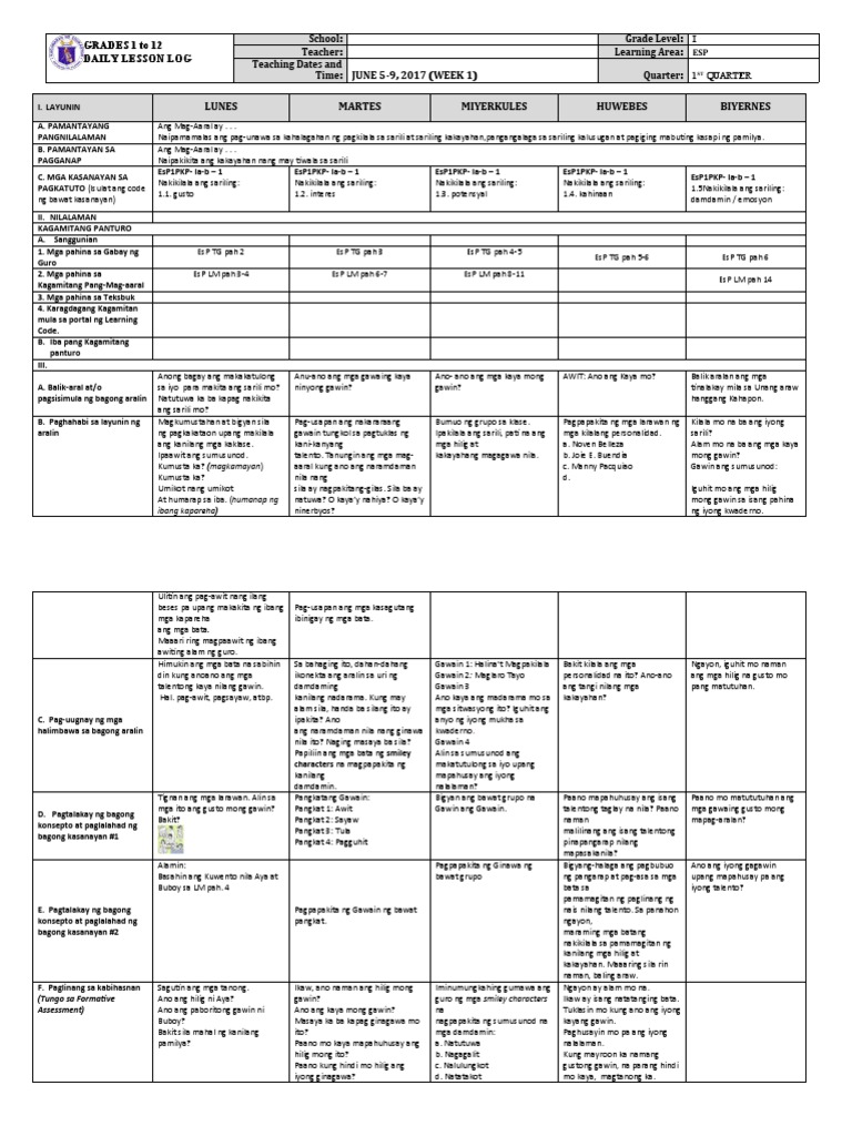 Grade 1 ESP DLL 1 - Q1 - W1 | PDF