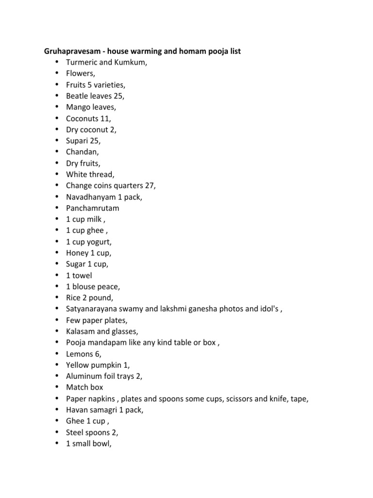 Gruhapravesam house warming checklist with homam pooja items | PDF