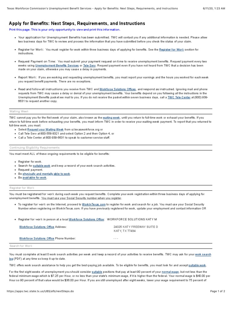 TWC Unemployment Benefits Application Next Steps | PDF | Unemployment ...