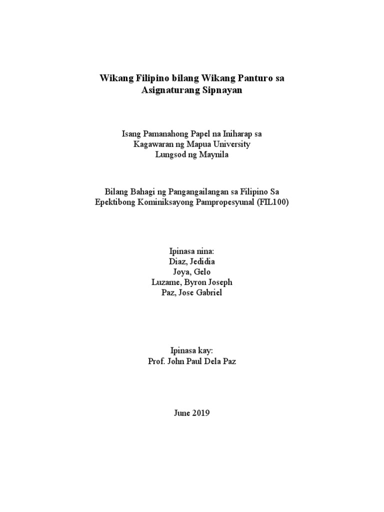 Wikang Filipino Bilang Wikang Panturo Sa | PDF Wikang Filipino Bilang Wikang Panturo Sa | PDF