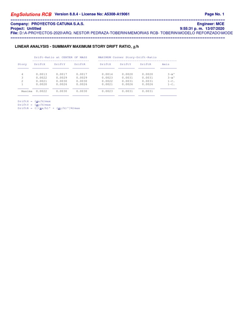 Engsolutions RCB: Linear Analysis - Summary Maximum Story Drift Ratio, /H | PDF | Technology ...