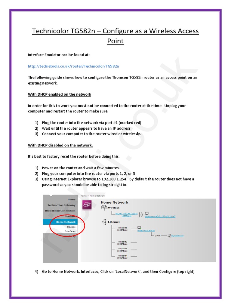 Nickdj - Co.uk: Technicolor TG582n - Configure As A Wireless Access Point | PDF