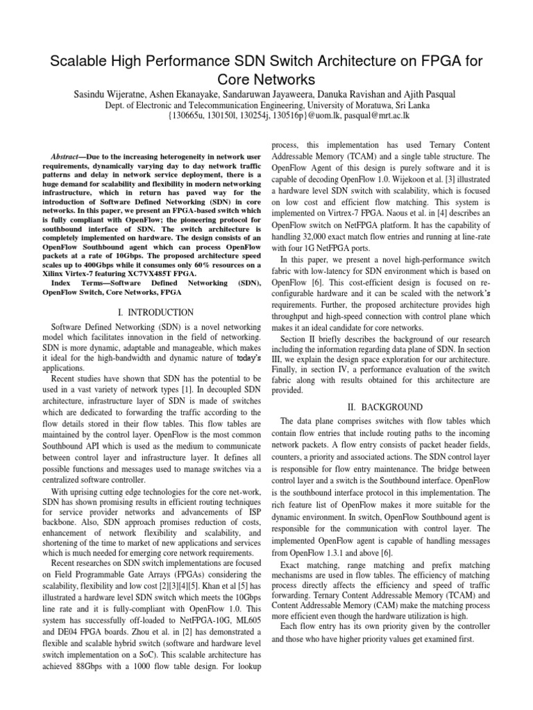 Scalable High Performance SDN Switch Architecture On FPGA For Core Networks | Download Free PDF ...