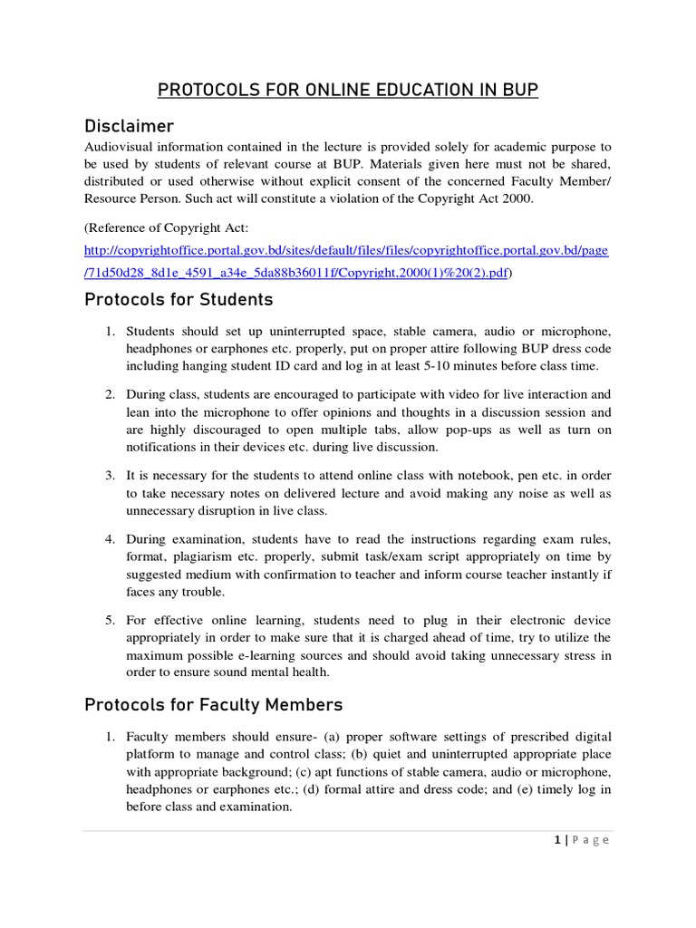 Protocols For Online Education in Bup Disclaimer | PDF | Educational ...