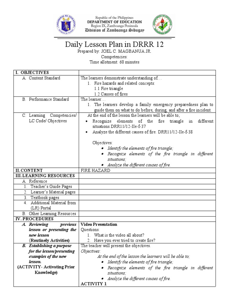 Daily Lesson Plan in DRRR 12: I. Objectives | PDF | Fires | Combustion