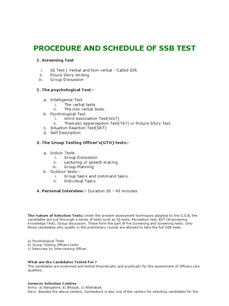 SSB Test Procedure and Schedule Guide | PDF | Psychological Testing ...
