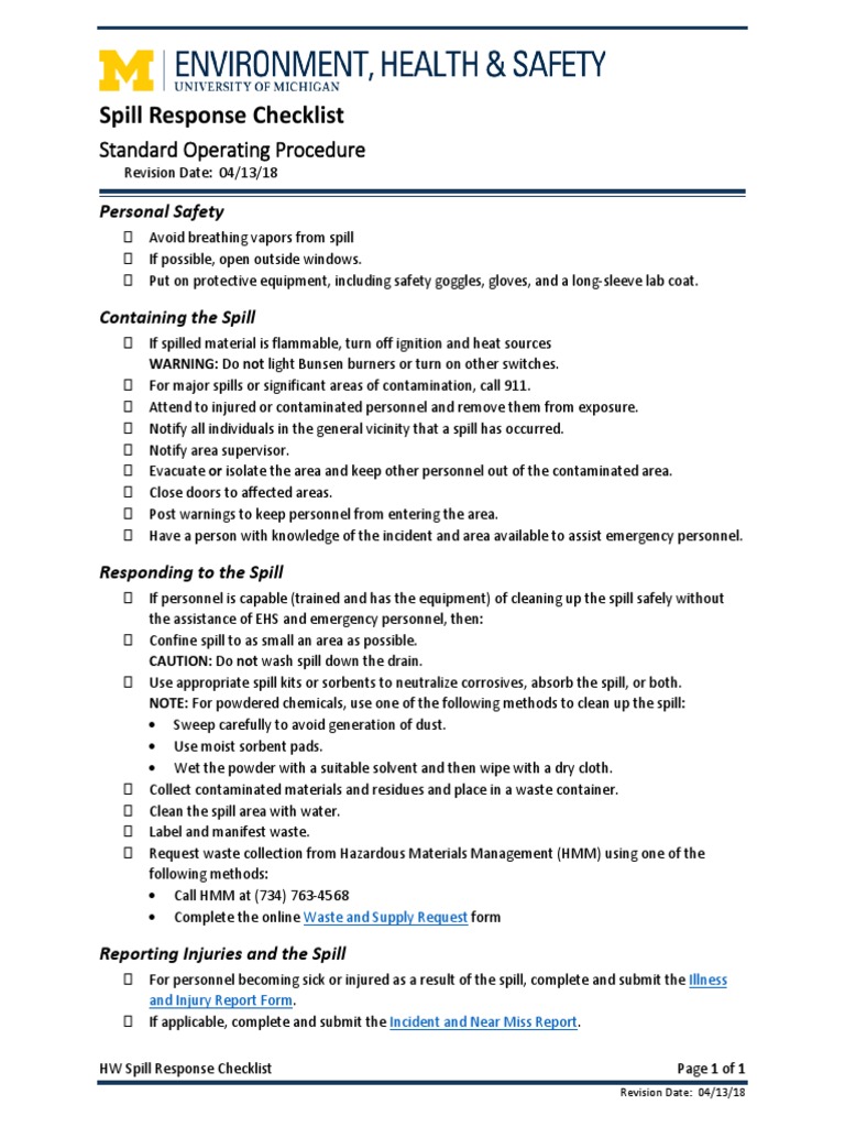 Spill Response Checklist: Standard Operating Procedure | PDF