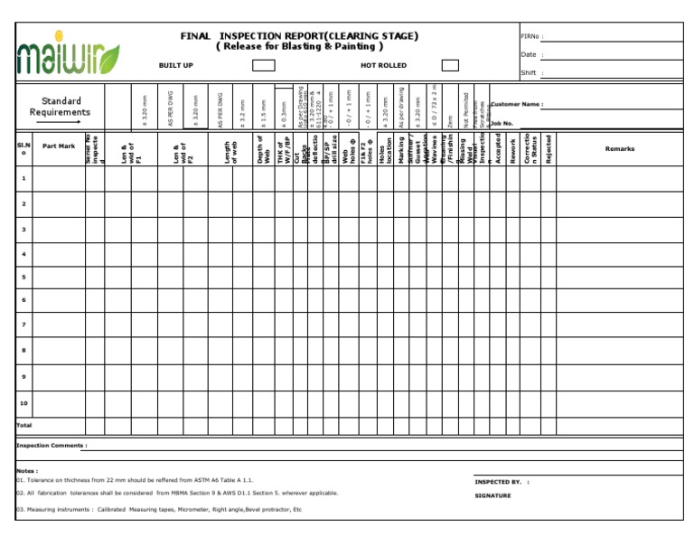 Final Inspection Report (Clearing Stage) (Release For Blasting ...