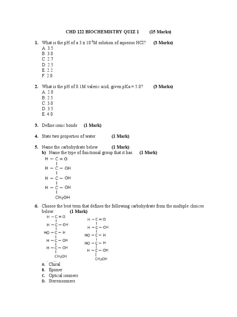 CHD 122 Biochemistry Quiz 1 | PDF