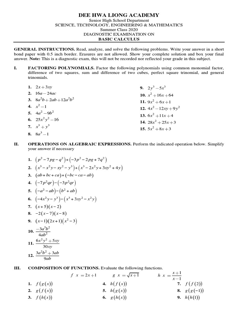 Diagnostic Exam - Basic Cal PDF | PDF | Factorization | Numerical Analysis