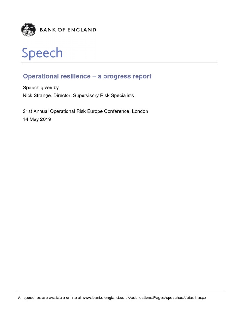 Operational Resilience A Progress Report Speech by Nick Strange | PDF ...