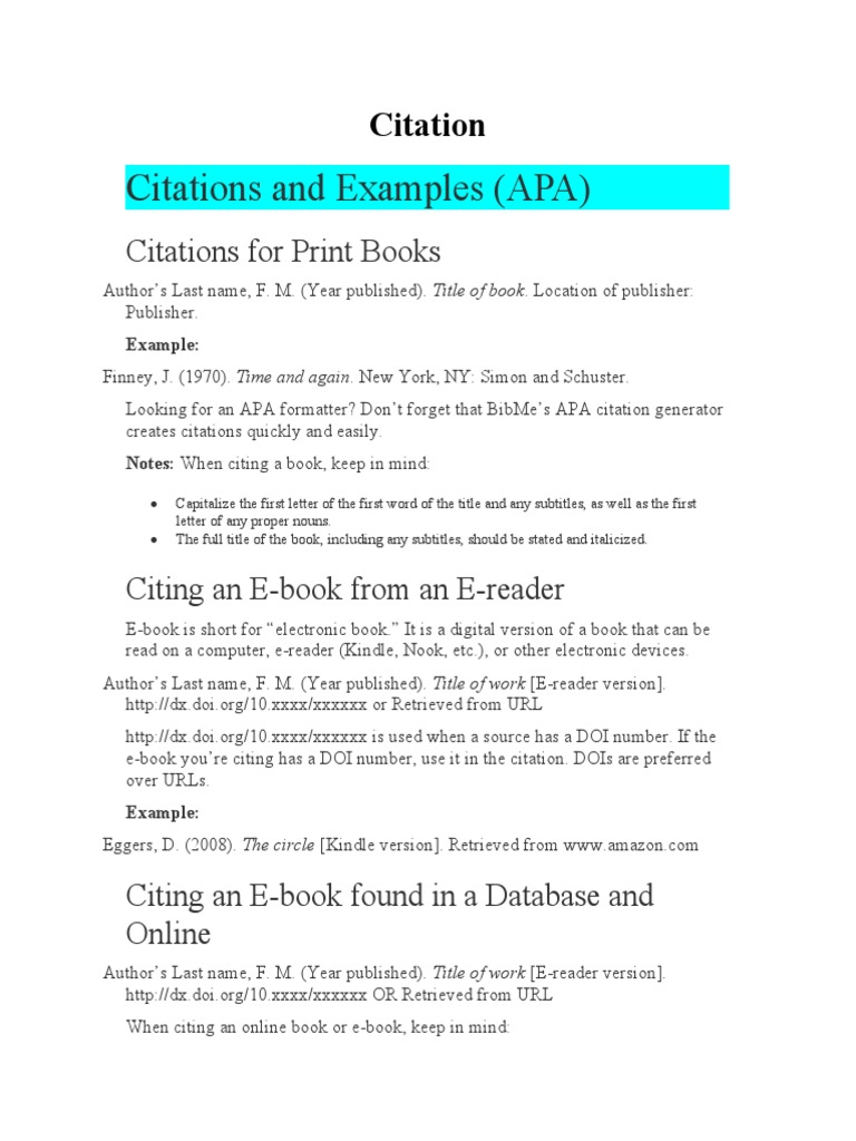 APA Citation - EXAMPLES | Download Free PDF | Citation | E Reader