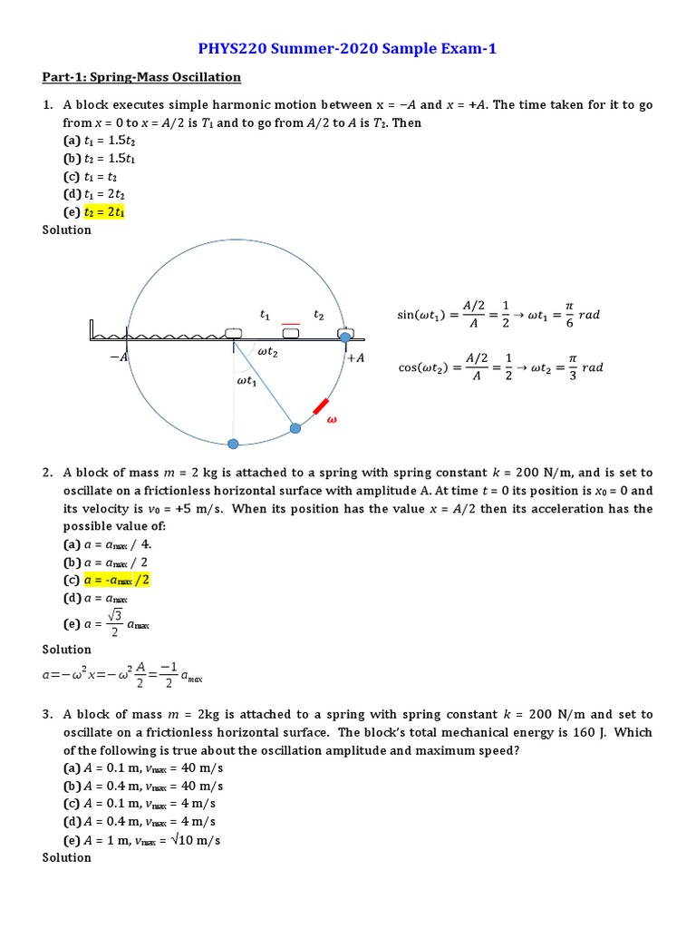 PHYS220 Summer-2020 Sample Exam-1: Part-1: Spring-Mass Oscillation | PDF | Waves | Pendulum