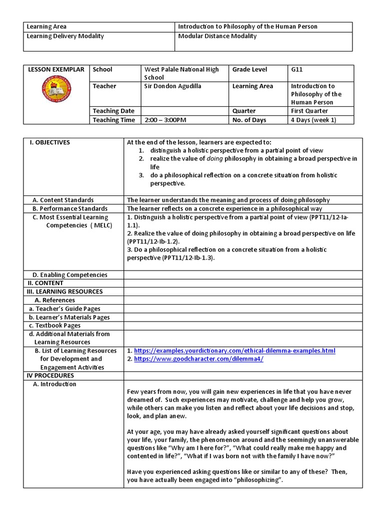Reflection in Philosophy Lesson Exemplar | PDF | Learning | Knowledge
