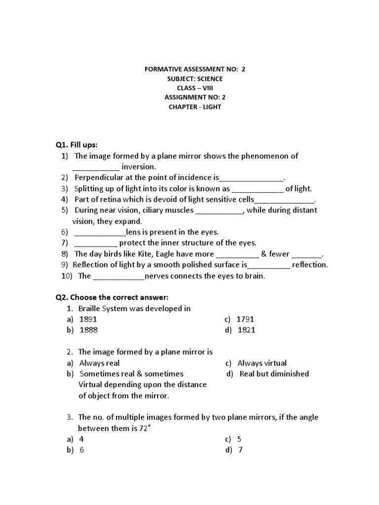 CBSE Class 8 Science Worksheet 2 | PDF | Eye | Visual Perception