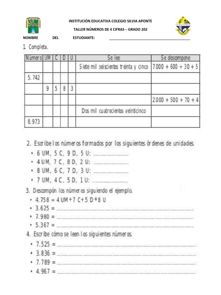 Taller de Números de Cuatro Cifras | PDF