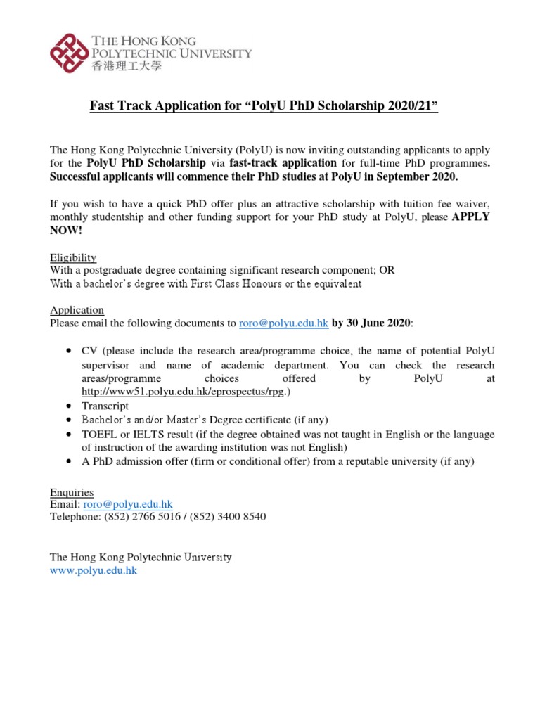 Fast Track Application For "Polyu PHD Scholarship 2020/21" | PDF