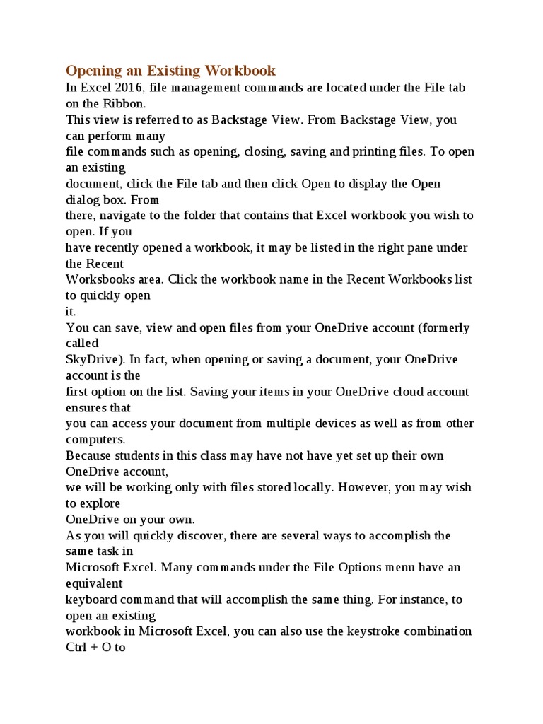 Opening An Existing Workbook | PDF