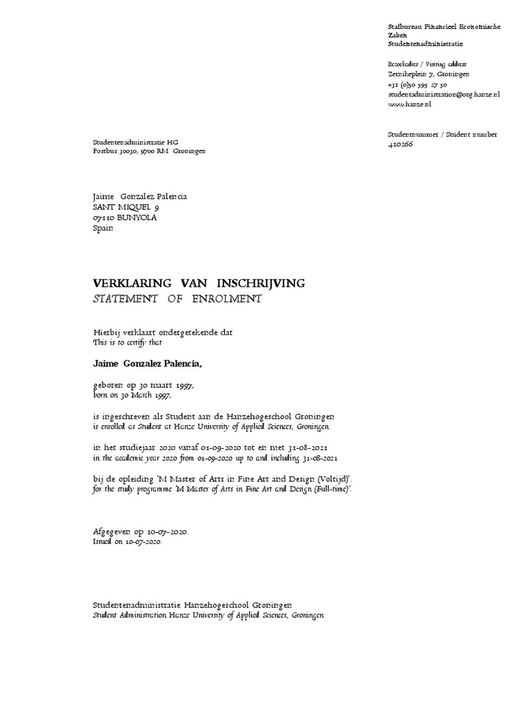 Verklaring Van Inschrijving: Statement of Enrolment | PDF