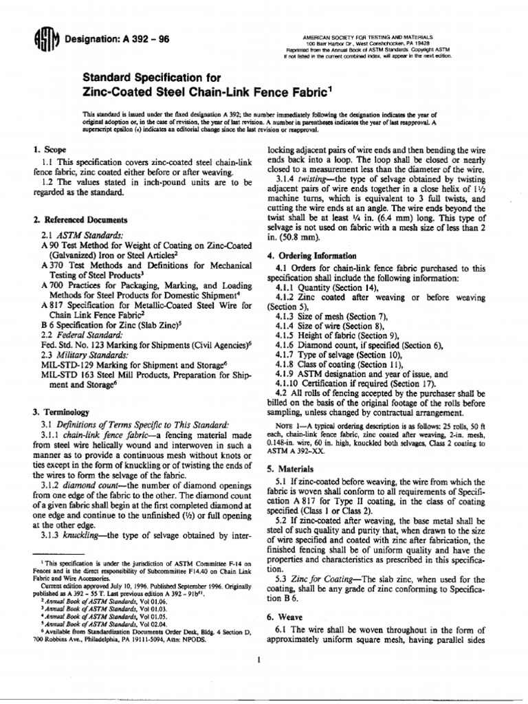 ASTM A392 Zinc Coated Chain Link PDF | PDF