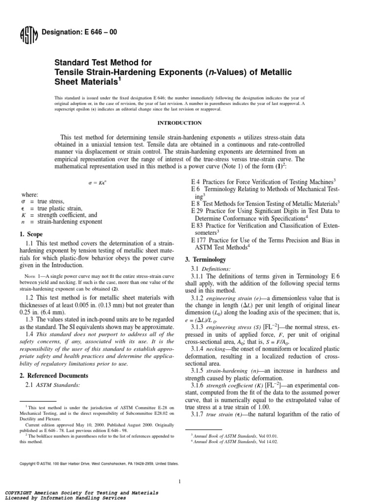 ASTM E646 Tensile Strain-Hardening PDF | PDF | Deformation (Engineering ...
