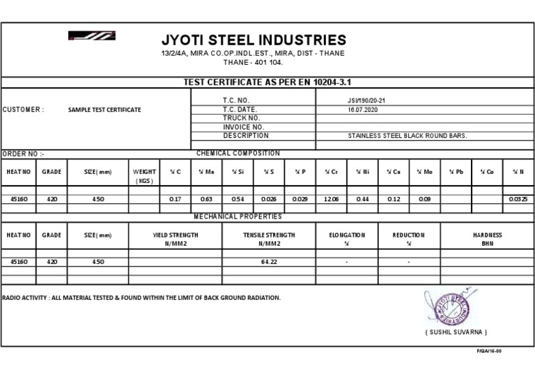 JSI Stainless Steel Test Certificate | PDF