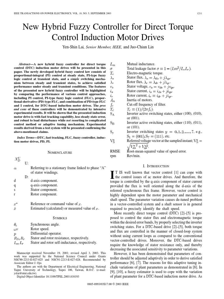 New Hybrid Fuzzy Controller For Direct Torque Control Induction Motor ...