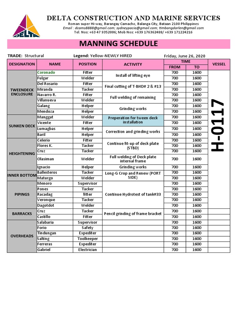 Manning Schedule: Delta Construction and Marine Services | PDF ...