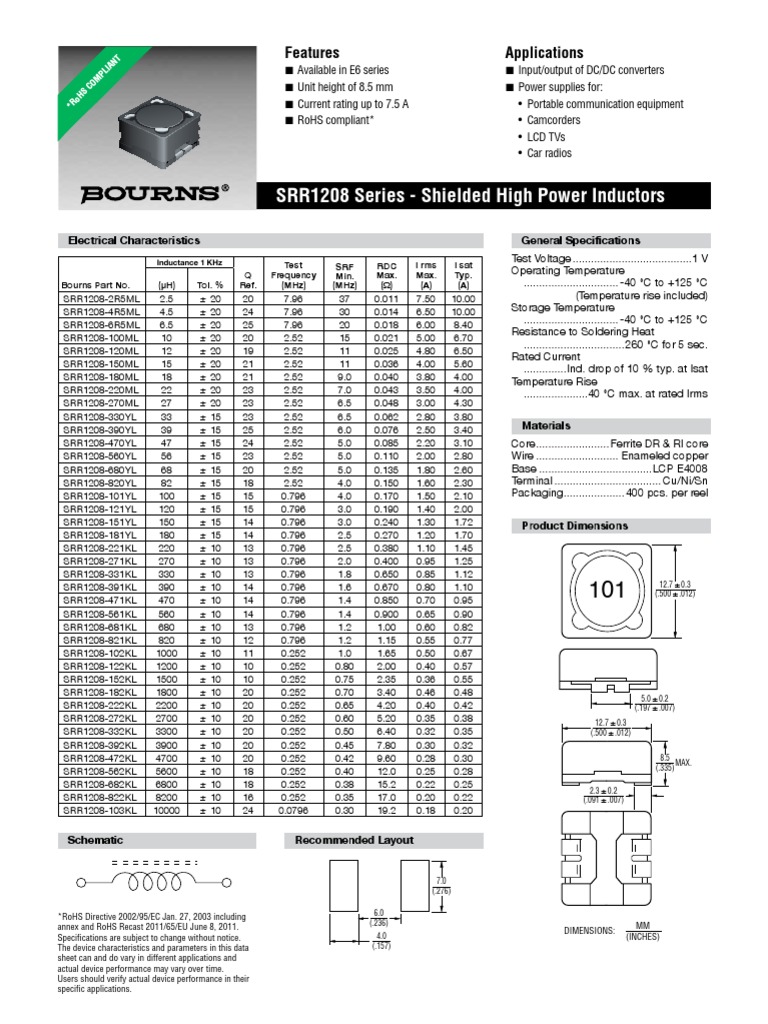 SRR1208 Series - Shielded High Power Inductors: Features Applications ...