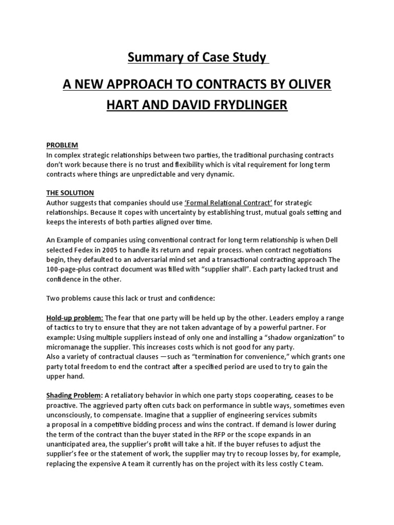 Summary of Case Study A New Approach To Contracts by Oliver Hart and ...