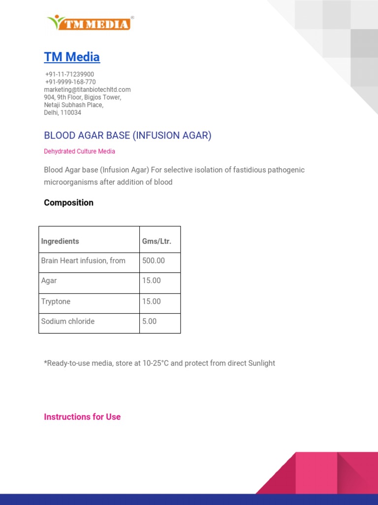 Blood Agar Base (Infusion Agar) | PDF | Growth Medium | Agar