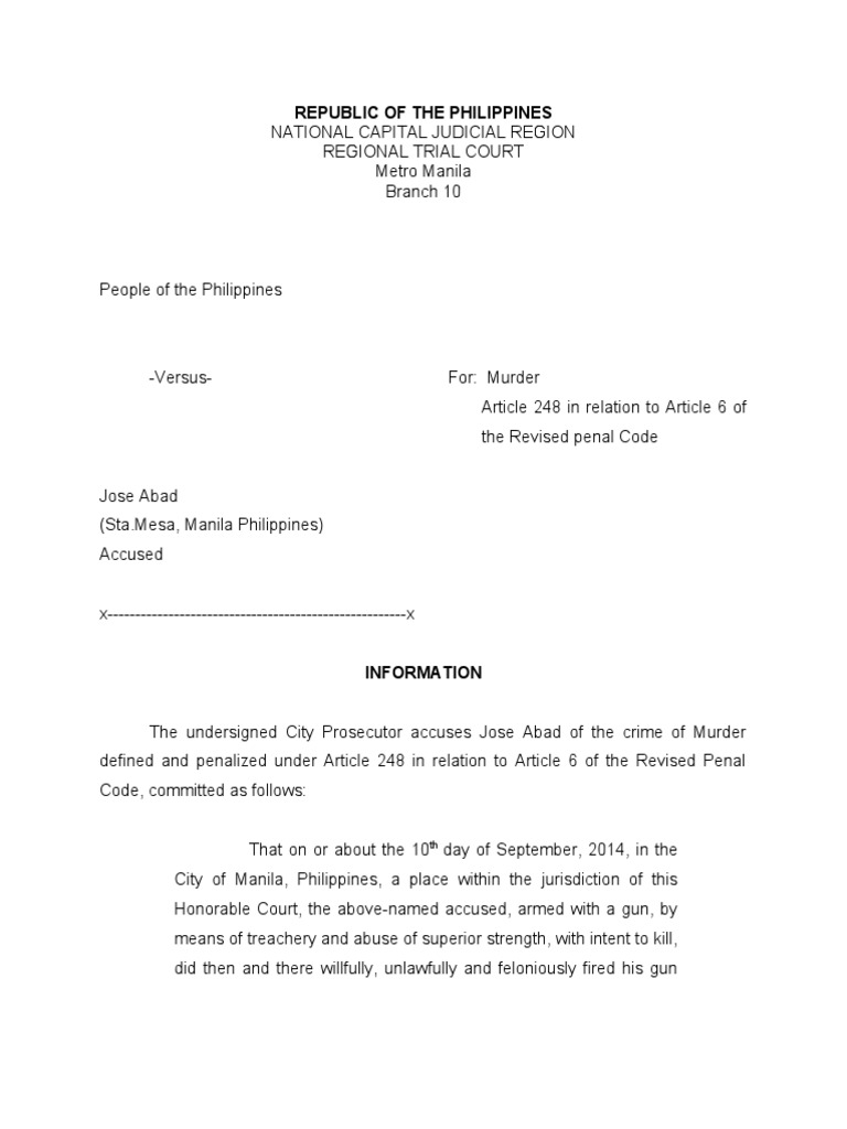 Sample Information For Murder | PDF | Prosecutor | Murder